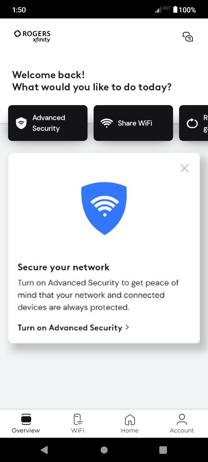 From the Rogers Xfinity app main screen, tap Home.